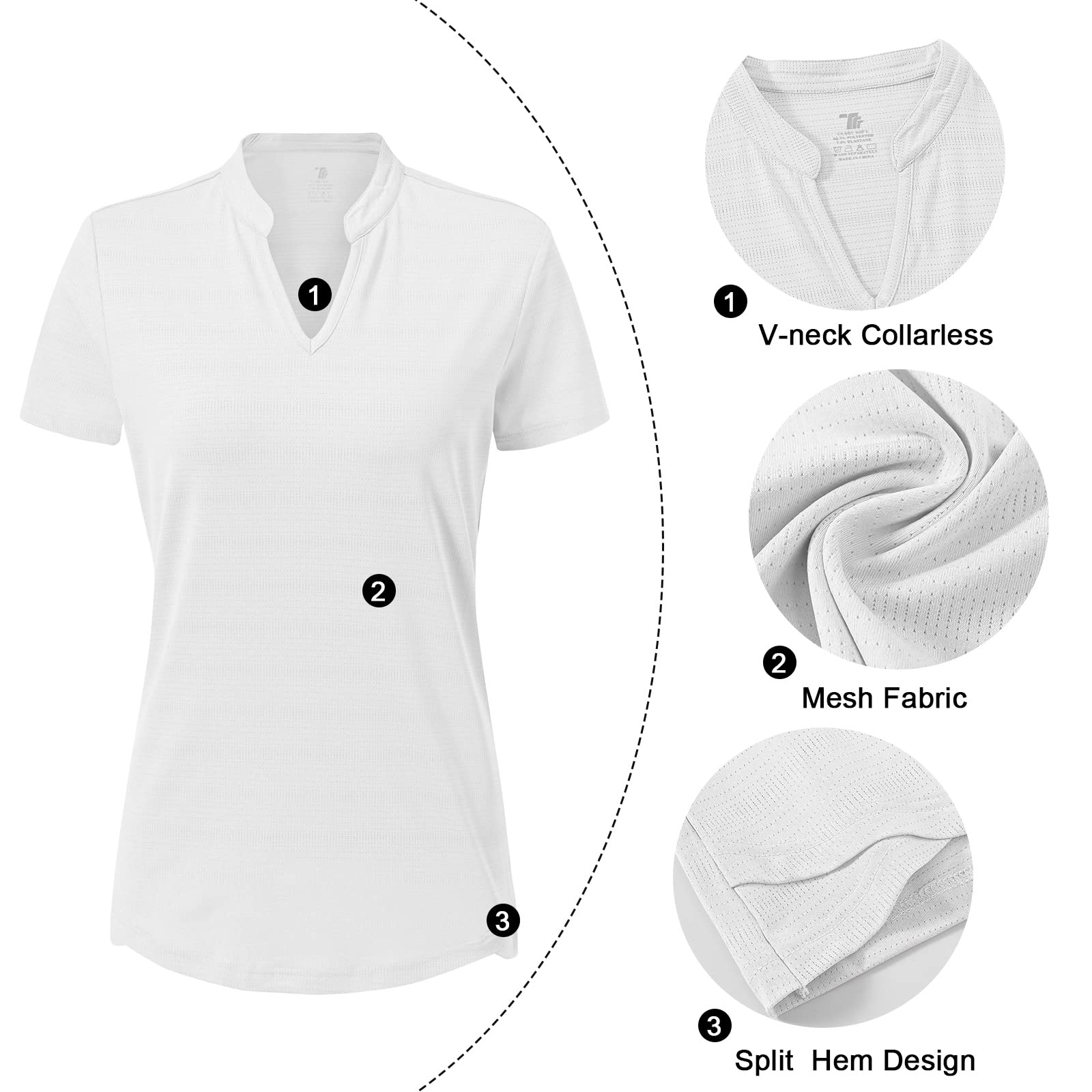 JHMORP Women's Dry Fit Golf Polo Shirts Short Sleeve V Neck Workout Athletic T-Shirts White,XL