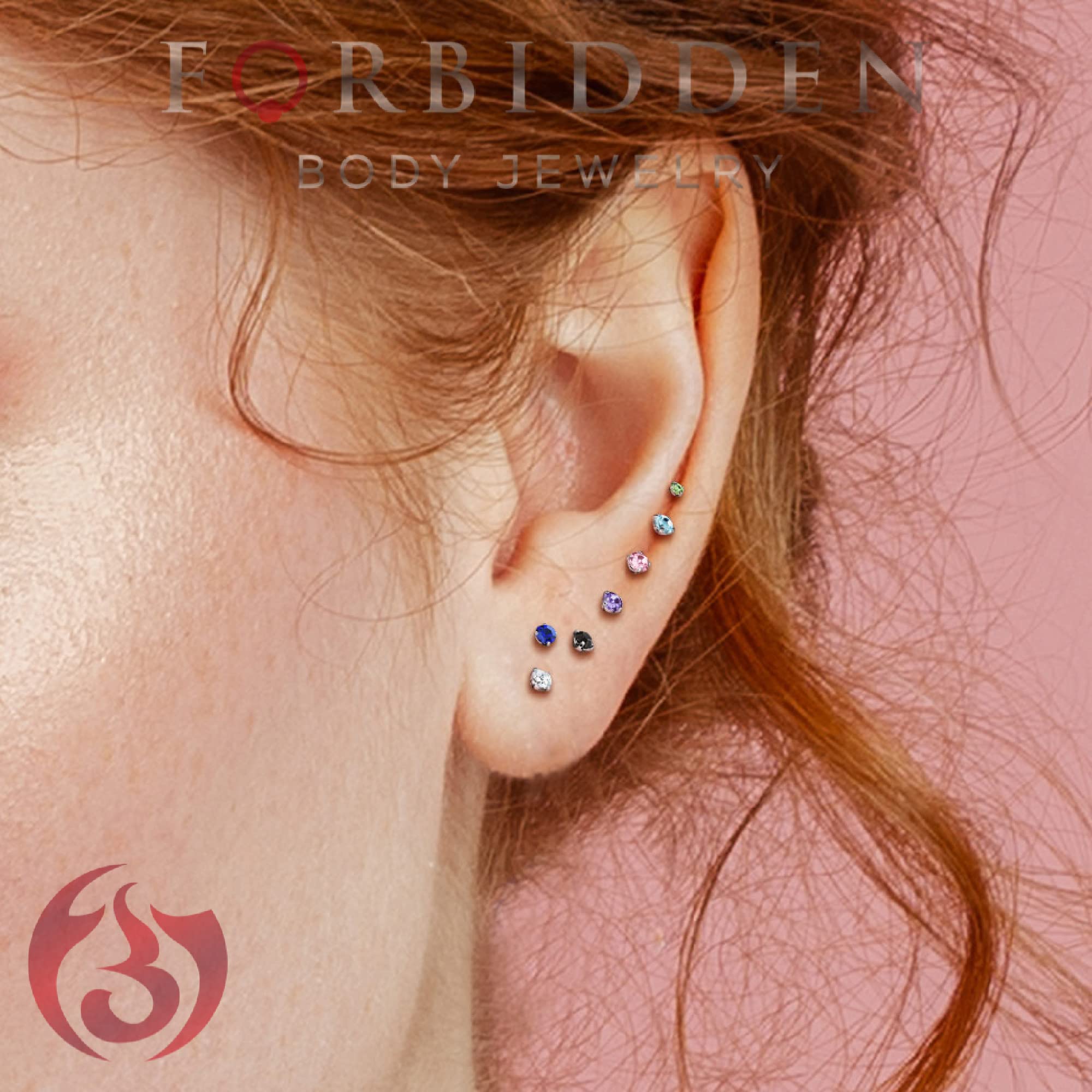 Forbidden Body Jewelry 16g 8mm Internally Threaded Surgical Steel Tragus, Helix Earring and Labret Stud with 2mm Red CZ Top