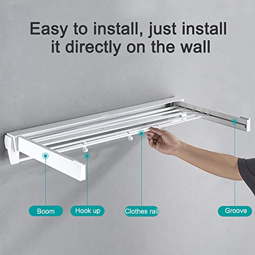 SEANESZTI Retractable Clothes Drying Rack, Wall Mounted Clothes Drying Rack, Foldable White Clothes Drying Rack, Hanging Racks for Laundry Room, Space Saving Clothes Drying Rack with 4 Hooks