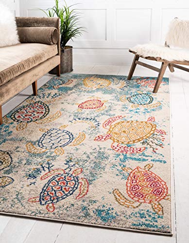 Unique Loom Positano Collection Coastal Modern Turtles Beige Area Rug (8' x 10')