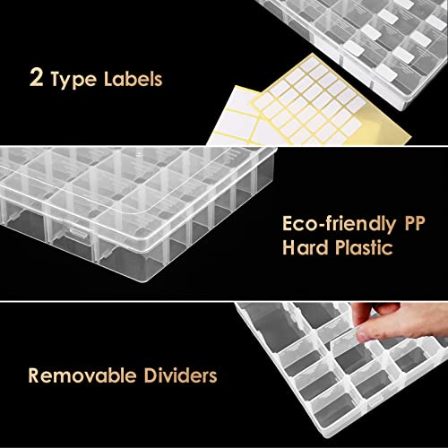 QUEFE 5 Pack 36 Grids Clear Plastic Organizer Storage Box Container, Craft Storage with Adjustable Dividers for Beads, Art DIY, Crafts, Jewelry, Fishing Tackle with Label Stickers