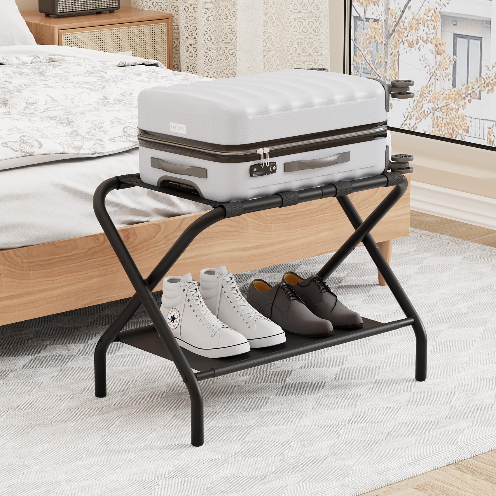 Smuxee Black Luggage Rack, Foldable Suitcase Stand with Fabric Storage Shelf, Luggage Holder with 4 Nylon Straps for Guest Room Bedroom Hotel