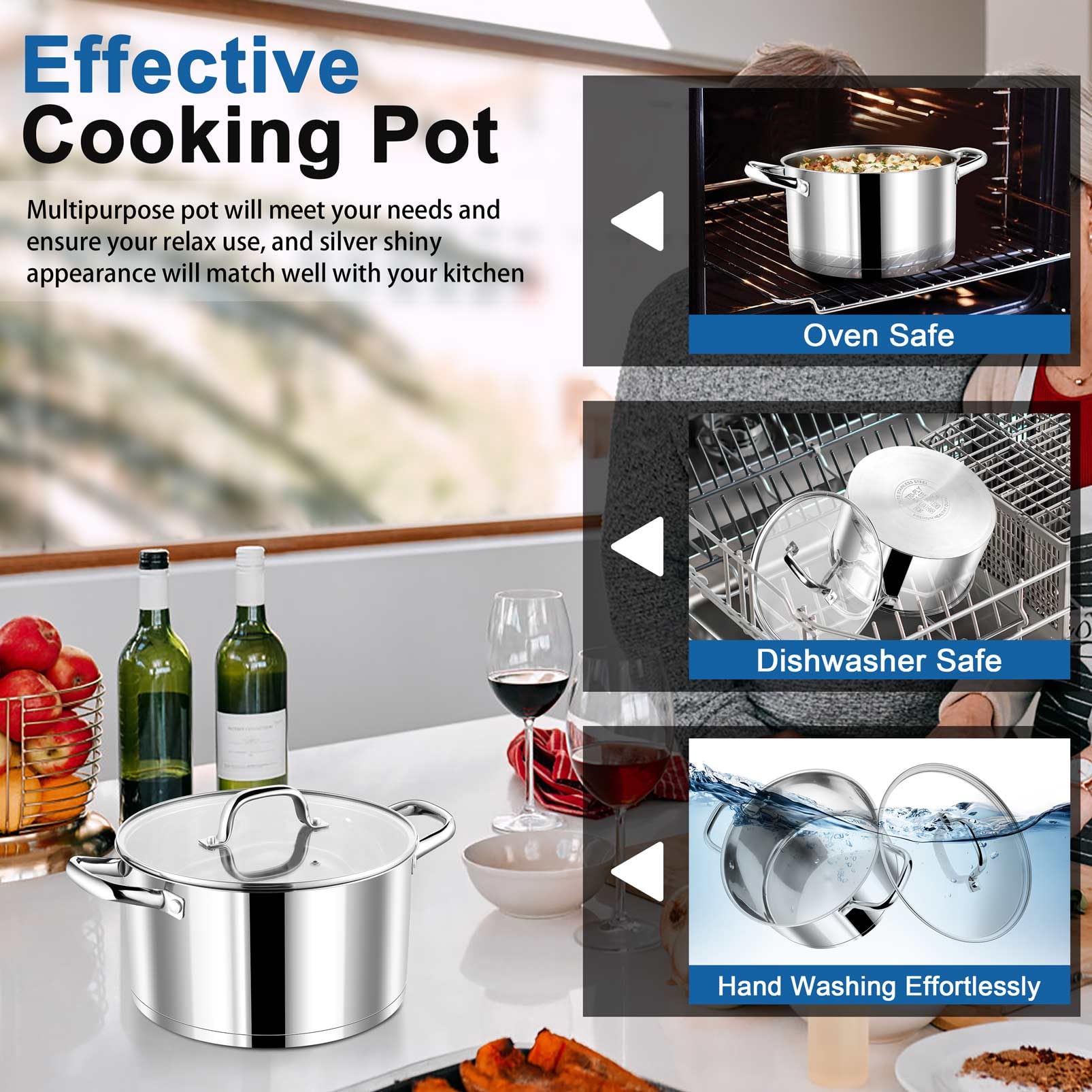 P&P CHEF 4qt Stainless Steel Stock Pot with Lid, Cooking Pasta Pot with Tri-Ply Base for Induction Gas Electric Stoves, Double Riveted Handles, Sturdy & Dishwasher Safe