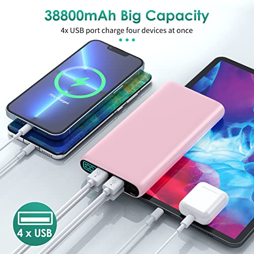 Portable Charger 38800mAh,LCD Display Power Bank,4 USB Outputs Battery Pack Backup, Dual Input USB-C in&out Phone Charging Compatible with iPhone 15/14/13 Pro Max/12,Android Samsung Galaxy/Pixel-Pink