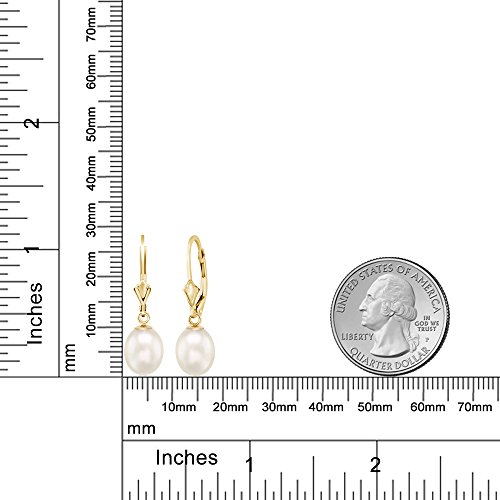 Gem Stone King 14K Yellow Gold 9MM Cultured Freshwater Pearl Dangle Earrings For Women