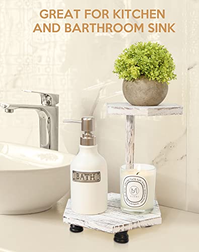Tikea Hexagonal Wood Riser for Display, 2-Tier Farmhouse Wood Pedestal Stand for Kitchen Bathroom Counter Decor, Decorative Tray for Soap Dispenser, Candle and Plant