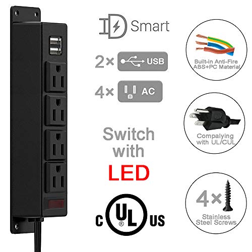 Mountable Power Strip with USB Ports,Wall Mount Power Outlets Screw Down Power Socket in Desk Under Cabinet Power Station 4AC Outlet 2 USB 6.56 Feet Extension Cord, On&Off Switch