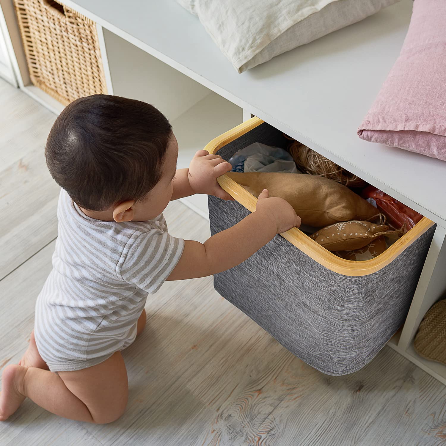 Naturoom 93L Bamboo Laundry Basket | Clothes Hamper With Lids, Folding Bamboo Frame Fabric Storage Bin With Handles, For Bathroom, Bedroom, Nursery Room/Towels/Blankets/Toys Storage | Organizer.