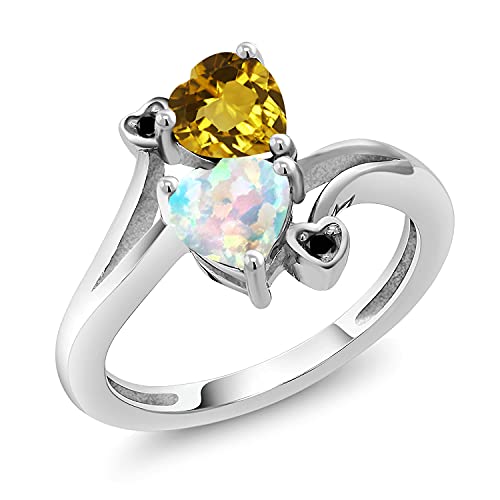 Gem Stone King 1.43 Ct Heart Shape Yellow Citrine White Simulated Opal 925 Sterling Silver Black Diamond Ring (Size 6)
