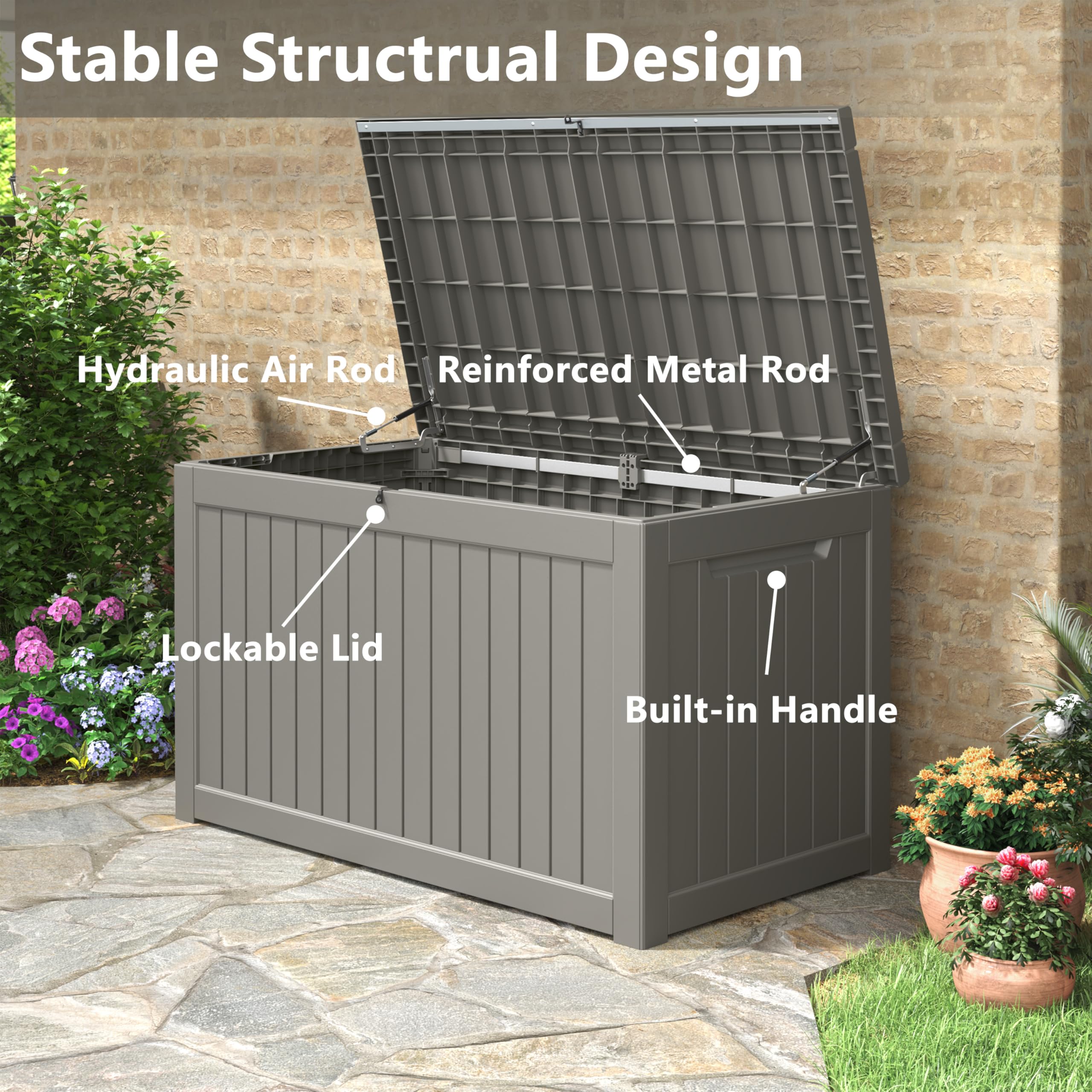 NUNU LAB 230 Gallon Outdoor Storage Box, Deck Box, Waterproof Resin Storage Bin for Patio Cushions for Patio Furniture Cushions, Garden Tools, Lockable, UV Resistant (Grey)