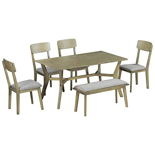 Lifeand Piece, Wooden Dining Table and Fabric Chairs with Bench(Antique Yellow+Gray), Mid-Century Style Set for 6