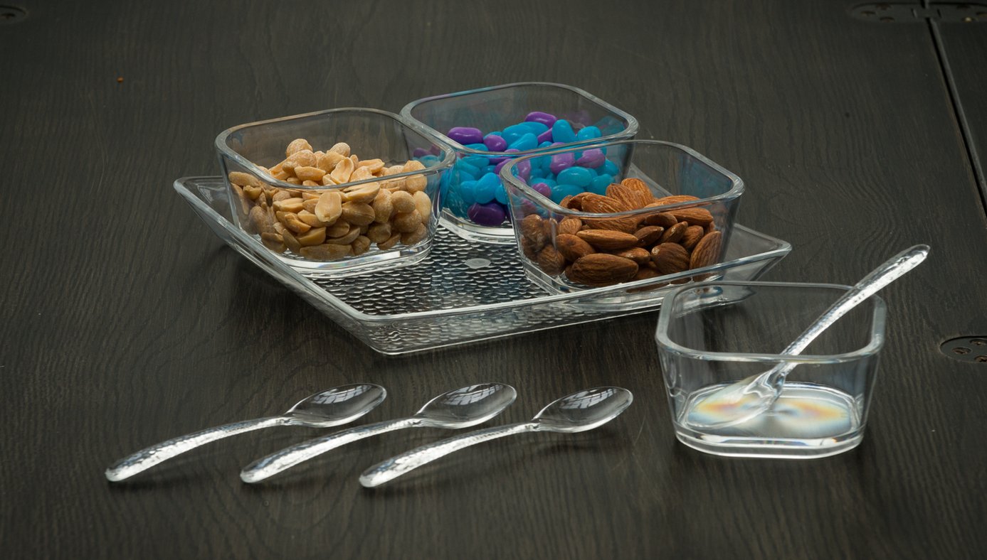 Lillian Tablesettings Clear Premium Acrylic Serving Set With Spoons (7.75" x 7.75" x 1", Pack of 6) - Perfect for Parties, Events, & Dining