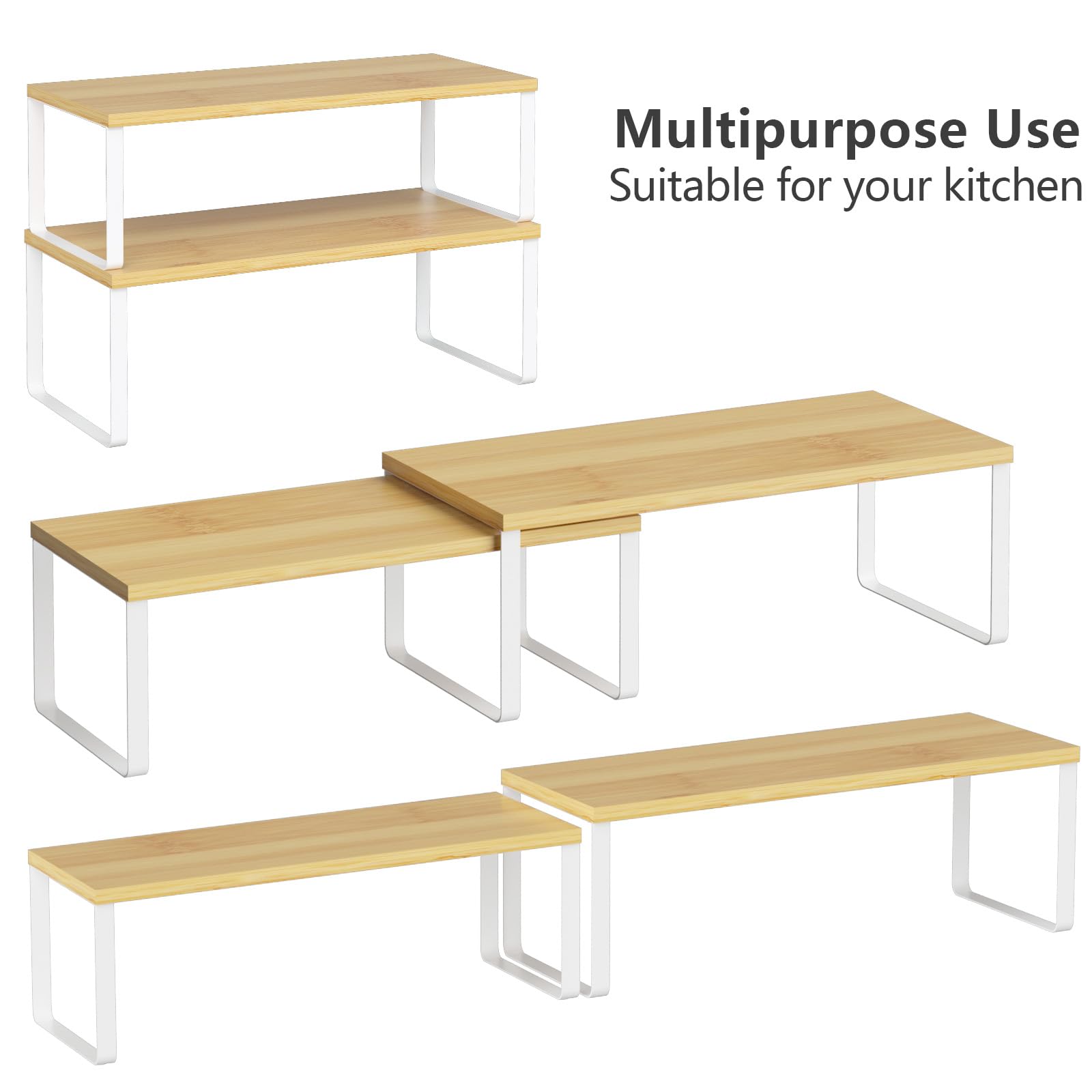 NEX Kitchen Cabinet and Counter Shelf Organizer, Stackable & Expandable, Set of 4, White and Natural - 7.7 x 15.6 x 6.2''