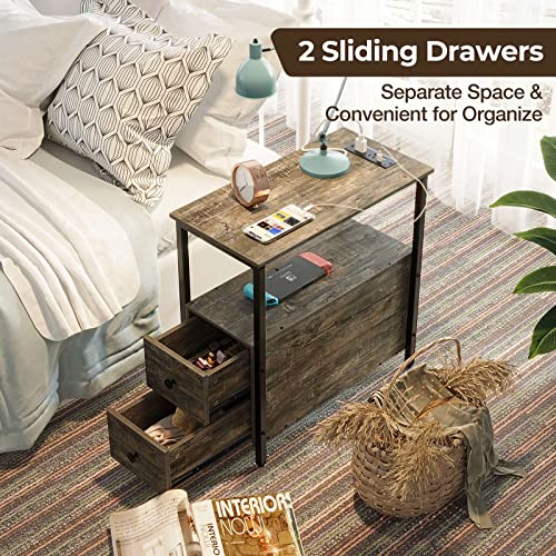 Rolanstar End Table with Charging Station, Narrow Side Table with 2 Wooden Drawers, USB Ports and Power Outlets, Nightstand Sofa Table for Small Spaces, Living Room, Bedroom, Gray