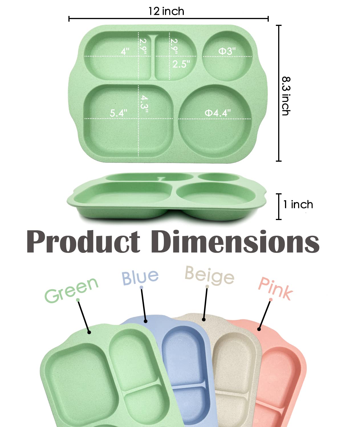 KITLAB Unbreakable Divided Plates, 4 Pack Wheat Straw Tray, Large Fast Food Tray for Toddlers Adults Kids Children, Lightweight Plates, Dishwasher and Microwave Safe