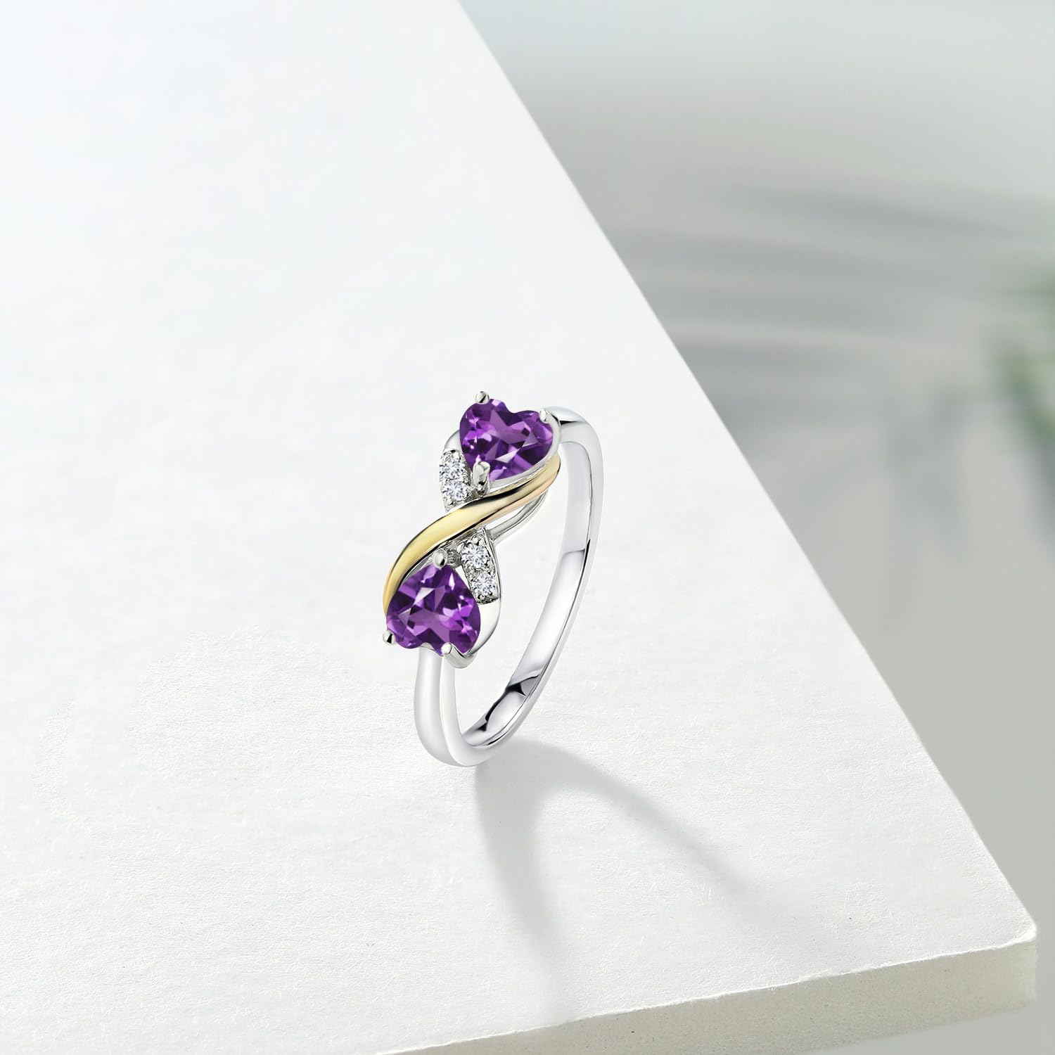 Gem Stone King 925 Sterling Silver and 10K Yellow Gold Heart Shape Purple Amethyst and White Lab Grown Diamond Women Ring (0.88 Cttw, Gemstone Birthstone, Available In Size 5, 6, 7, 8, 9)