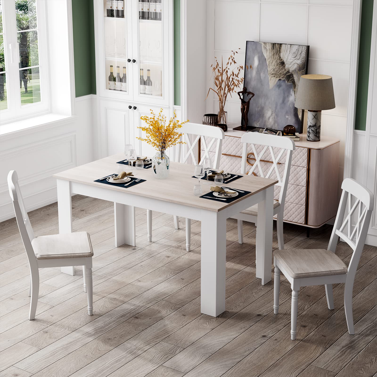 Giantex Wooden Dining Table, Modern Kitchen Table for 4, Rectangular Dinner Table for Kitchen, Dining Room, Living Room, Home Dinette Furniture, 47" L x 28" W x 30" H, (White & Light Gray)