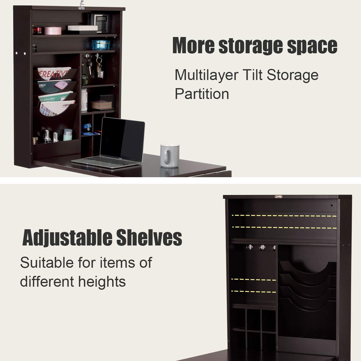Tangkula Wall Mounted Desk, Floating Desk with Chalkboard, Space Saving Fold Up Wall Convertible Desk, Multi-Function Wall Mounted Table with Storage Shelves & Hooks(No Assembly Required)