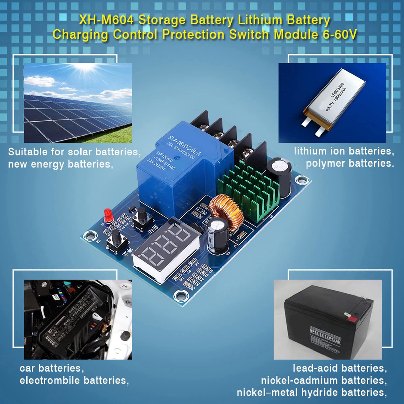 Oumefar XH-M604 Charger Protection Board DC 6-60V Battery Charging Control Module with Digital Display for Home Charger Solar Energy