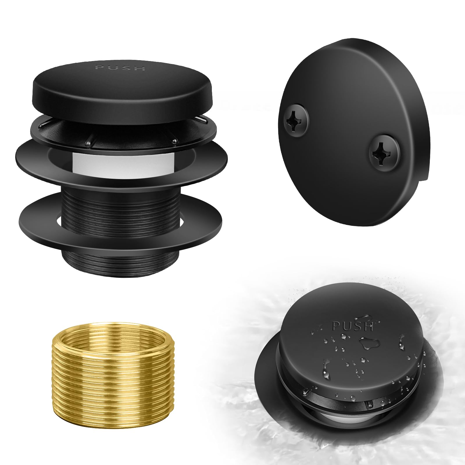 Tip-Toe Bathtub Drain Kit with Two-Hole Overflow Plate, Premium Quality Bath Tub Drain Replacement, Universal Fine/Coarse Thread Bathtub Stopper (Matte Black)