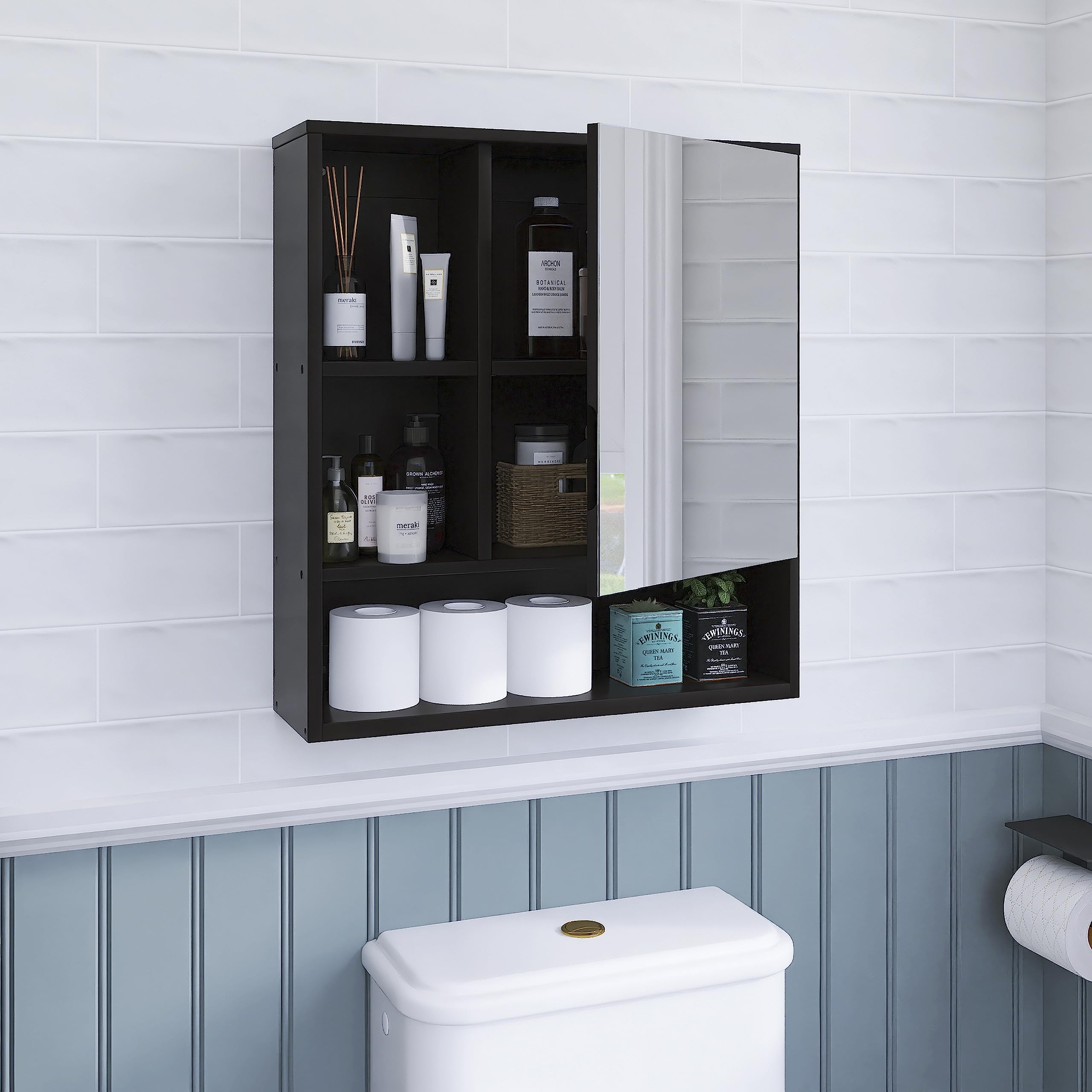 SMIBUY Bathroom Mirror Cabinet Wall Mounted, Bamboo Space Saver Medicine Cabinet, Wall Hanging Over Toilet Storage Cabinet with Mirror Door and Adjustable Shelf (Black)
