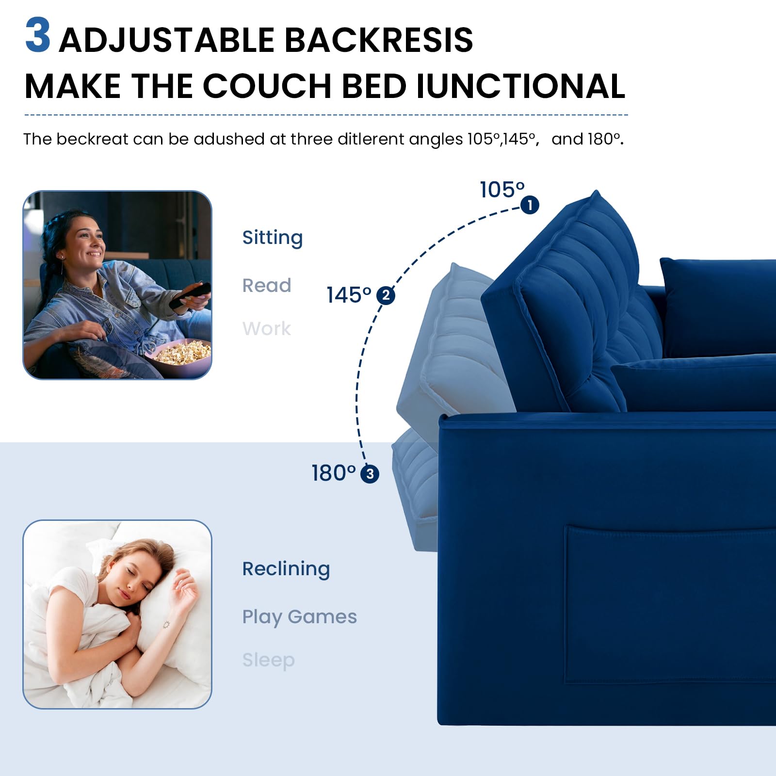 Navy Blue Velvet Sleeper Sofa Couch Bed, 4 in 1 Small Modern Convertible Loveseat Futon Sofa with Pullout Bed and Adjustable Backrest for Small Space Living Room Apartment Office Studio Lounge Reading