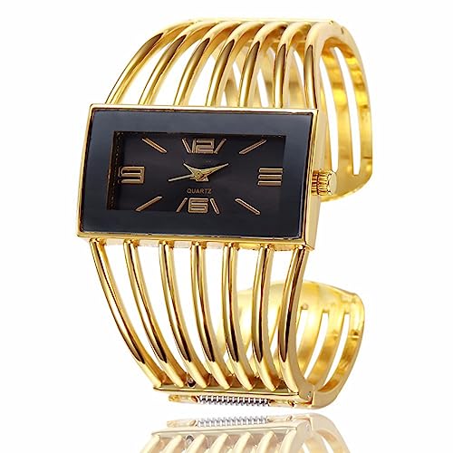SENRUD Fashion Cuff Bracelet Watches for Women Luxury Rectangular Dial Analog Quartz Wrist Watch Gifts for Ladies (Gold Black)