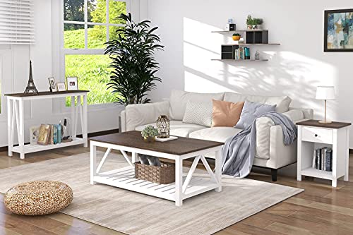 ChooChoo 3-Piece Farmhouse Living Room Table Set Includes Coffee Table & Two Rustic Vintage End Side Table with Storage Shelf