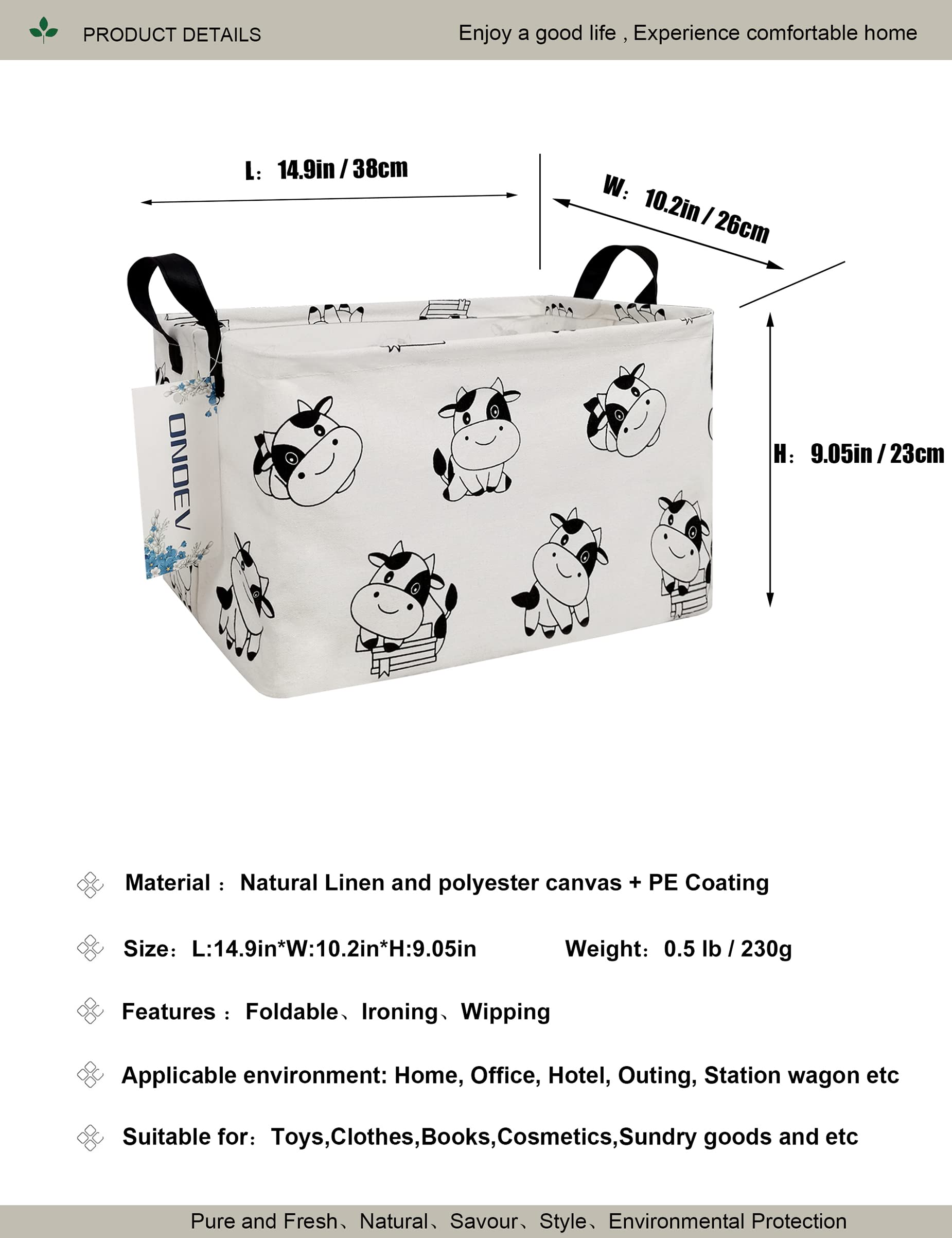 ONOEV Rectangular Folding Laundry Basket,Canvas Basket,Nersury Hamper,Suitable for Children,Office,Bedroom,Clothes,Toys Storage (REC Cow), 14.9’’L ×10.2’’W×9.05’’H inches