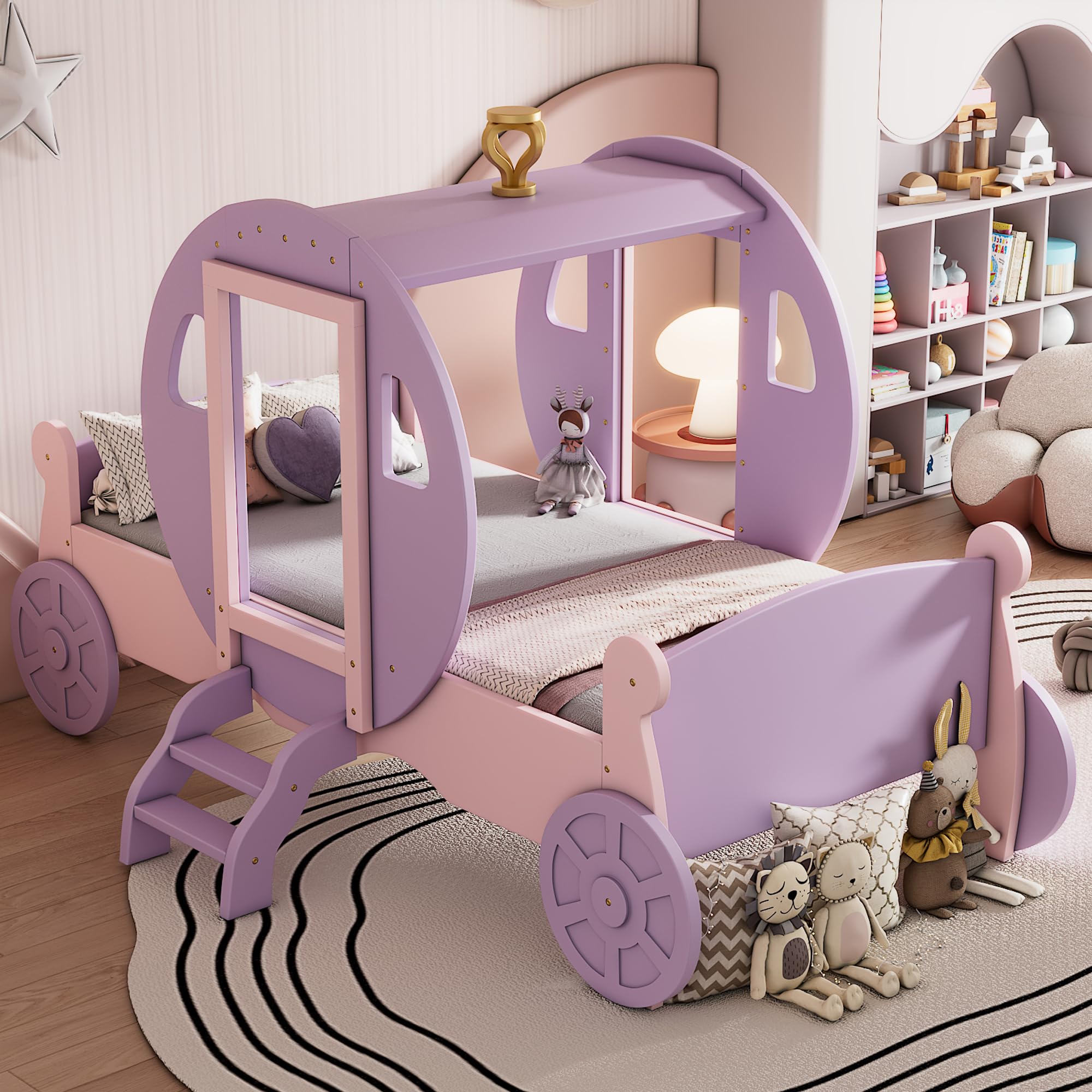 SOFTSEA Princess Twin Bed Frame, Wood Carriage Bed with Stairs, Purple+Pink, 88x55.9x59.1in, 112LBS, 300LBS Capacity, Includes Tools, for Girls