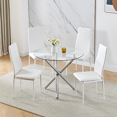 Rainbow Tree Round Dining Table and White Chairs Set 4 for Dining Room, Glass Dining Table with 4 Leather Padded Side Chairs, Comfortable & Space Saving for Home/Office