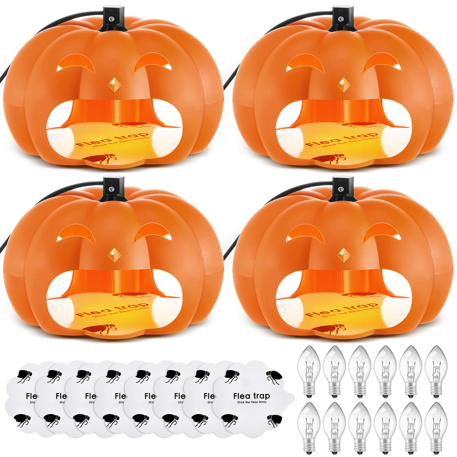 Qualirey 4 Pieces Flea Traps with 8 Sticky Disc 12 Bulbs 4 Electric Wires Pumpkin Flea Traps for Inside Your Home Safe Flea Light Trap for Indoor Safe to Pets