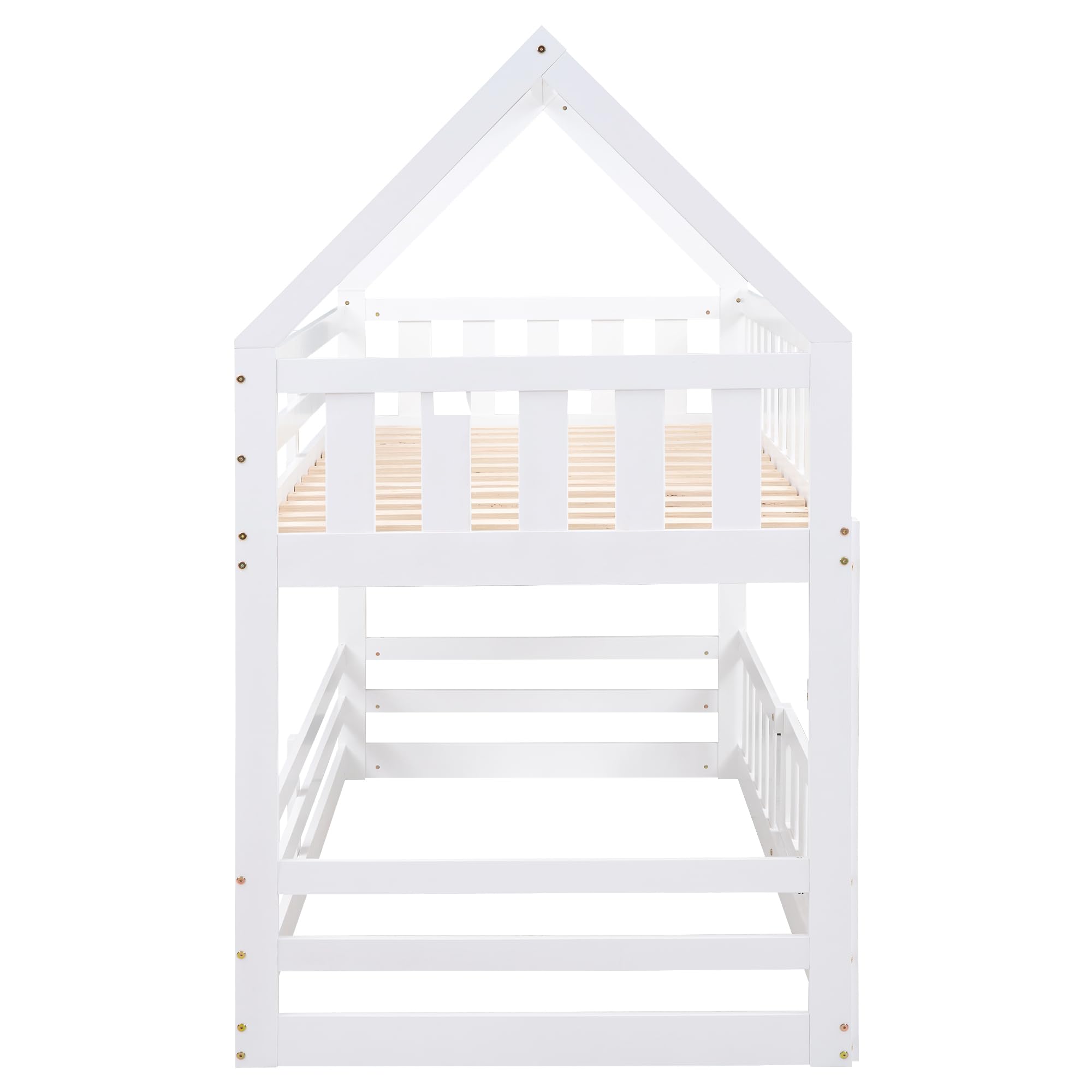 RuiSiSi Twin Size Floor Low Bunk Bed with Fence and Door, Wood Bunk Bed Frame with Guardrails and Ladder, House Shaped Bunk Bed for Kids, White