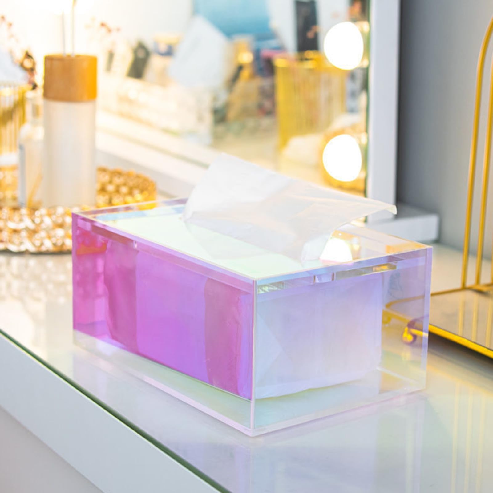 YESBAY Iridescent Acrylic Storage Box with Handle Acrylic Tray Vanity Organizer Case Hollow Multi-Functional Desktop Makeup Tray Basket Organizer Tissue Holder for Bathroom Countertop Bedroom C