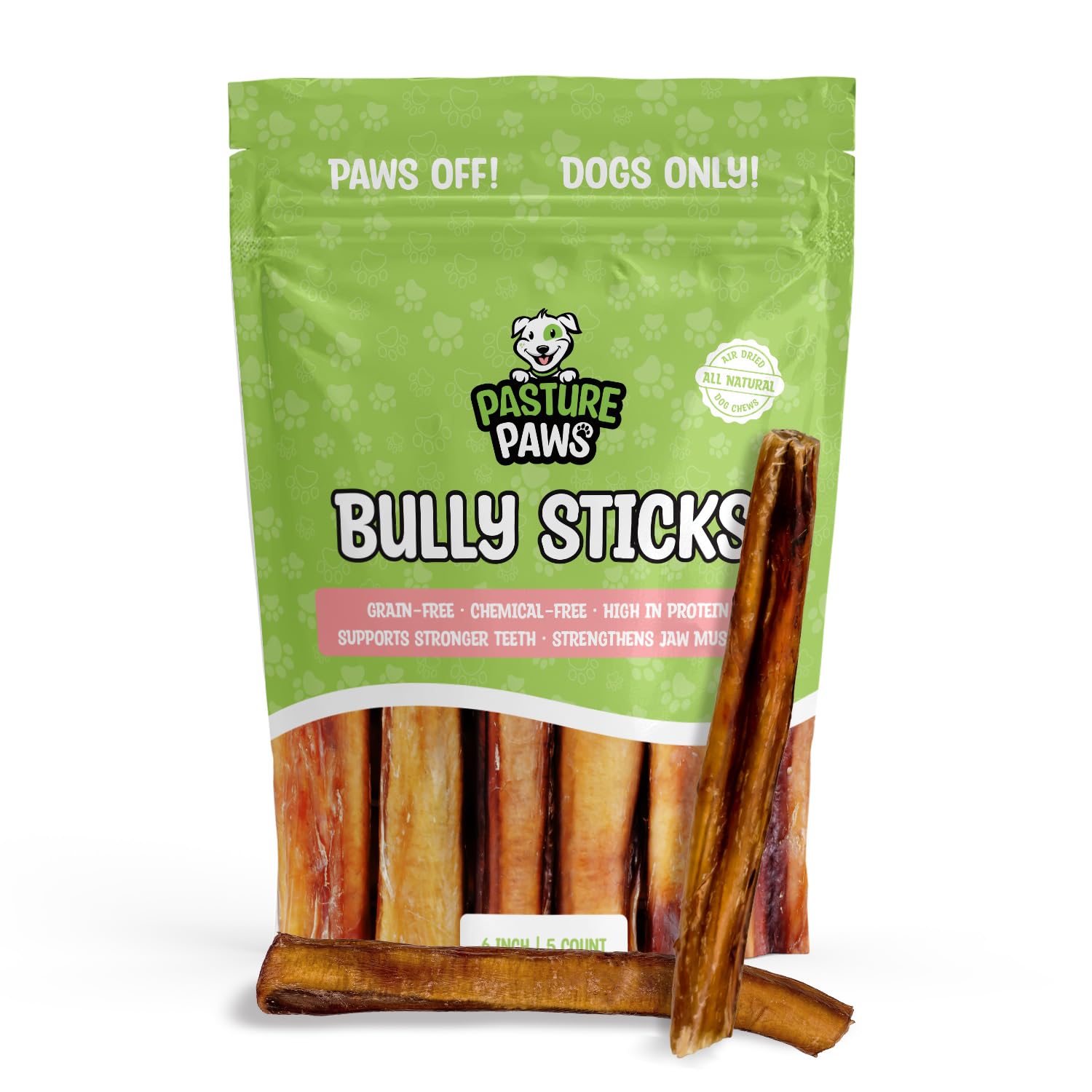 Pasture Paws Bully Sticks for Dogs | Long-Lasting All Natural Dog Chew Sticks | Fully Digestible Low Odor Bully Sticks | Dental Health Support Dog Treats Sticks | 6-inch | 5 Count Pack