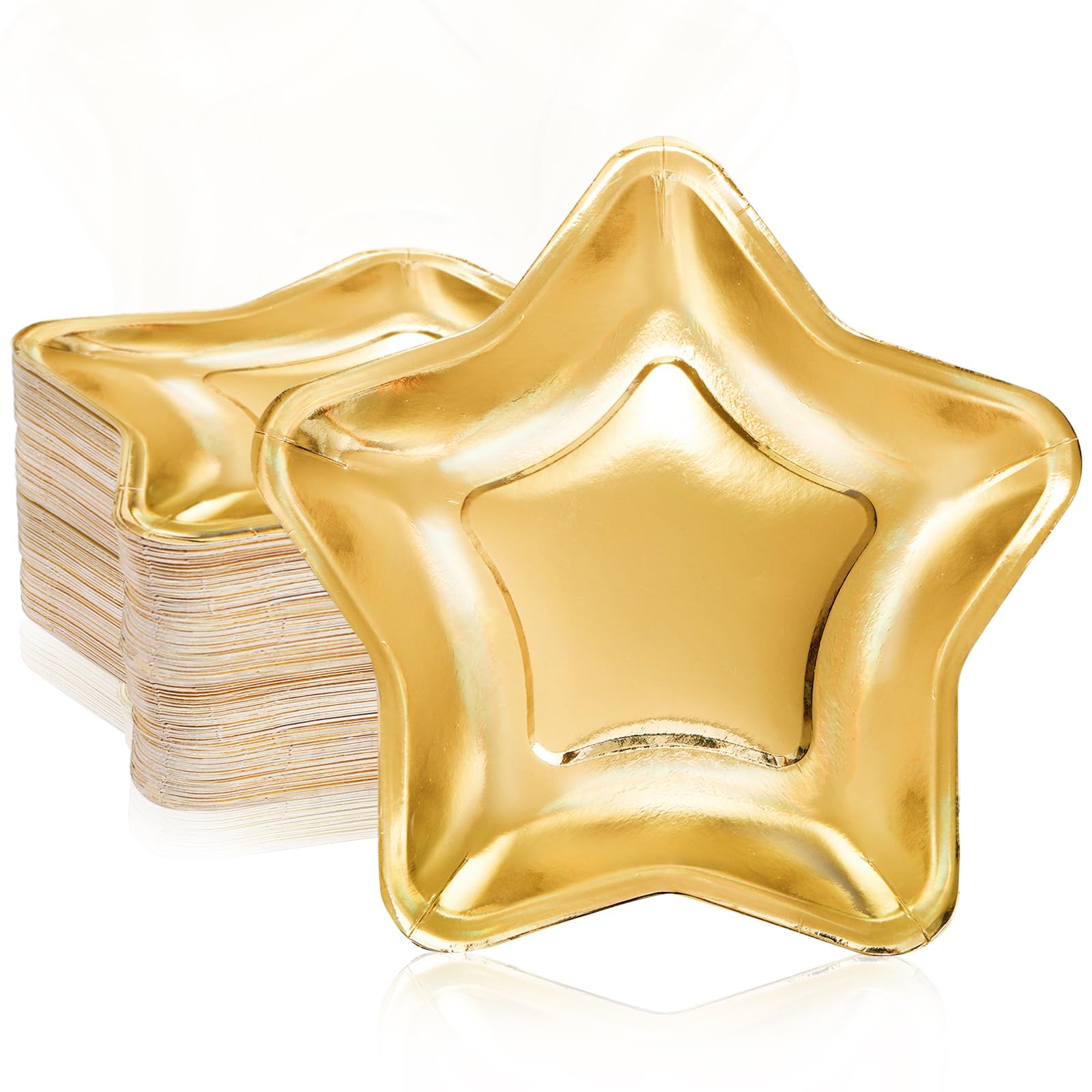 Tlence 100PCS Star Shape Paper Plates, 9.5 Inches Disposable Pentagram Dinnerware, Gold Twinkle Star Paper Tableware Set for Dessert, Birthday Graduation Wedding Halloween Christmas Supplies