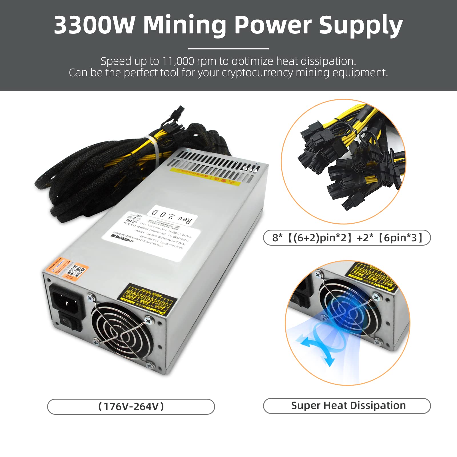 MLLIQUEA 12 GPU Slots Mining Rig, 3300W Mining Power Supply Complete Crypto Mining Frame Machine, Windows 10 & 8G DDR4 RAM Miner Motherboard for ETH with 10 Cooling Fans, PSU, CPU, RAM, SSD