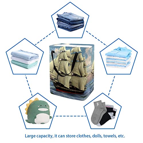 Sailing Shits in Ocean Print Collapsible Laundry Hamper, 60L Waterproof Laundry Baskets Washing Bin Clothes Toys Storage for Dorm Bathroom Bedroom