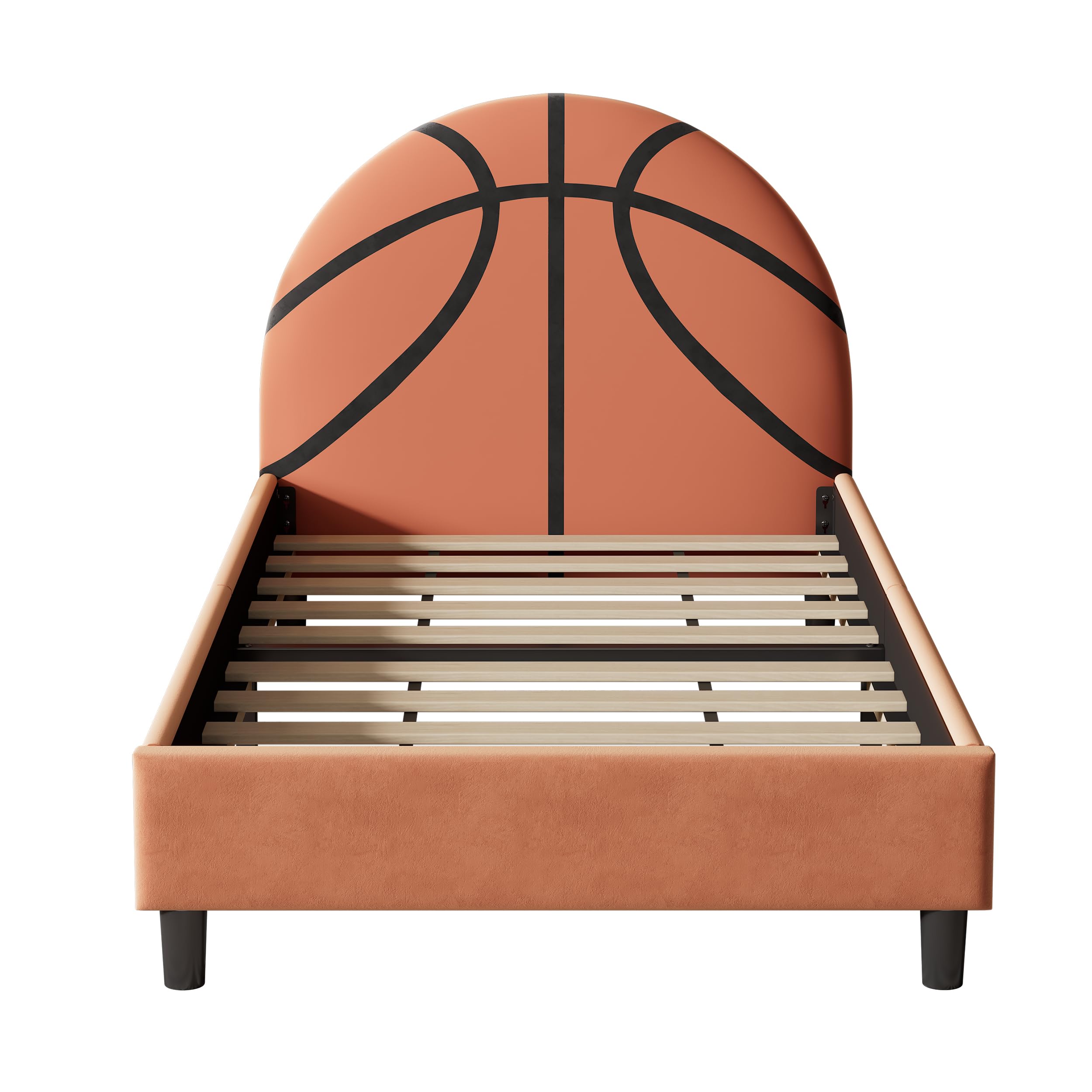 SOFTSEA Twin Size Bed Frame for Kids, Twin Size Sport Style Bed Frame for Boys, Basketball Shaped Bed Wood Platform Bed Frame, Upholstered Twin Bed Frames for Kids, No Box Spring Needed, Orange