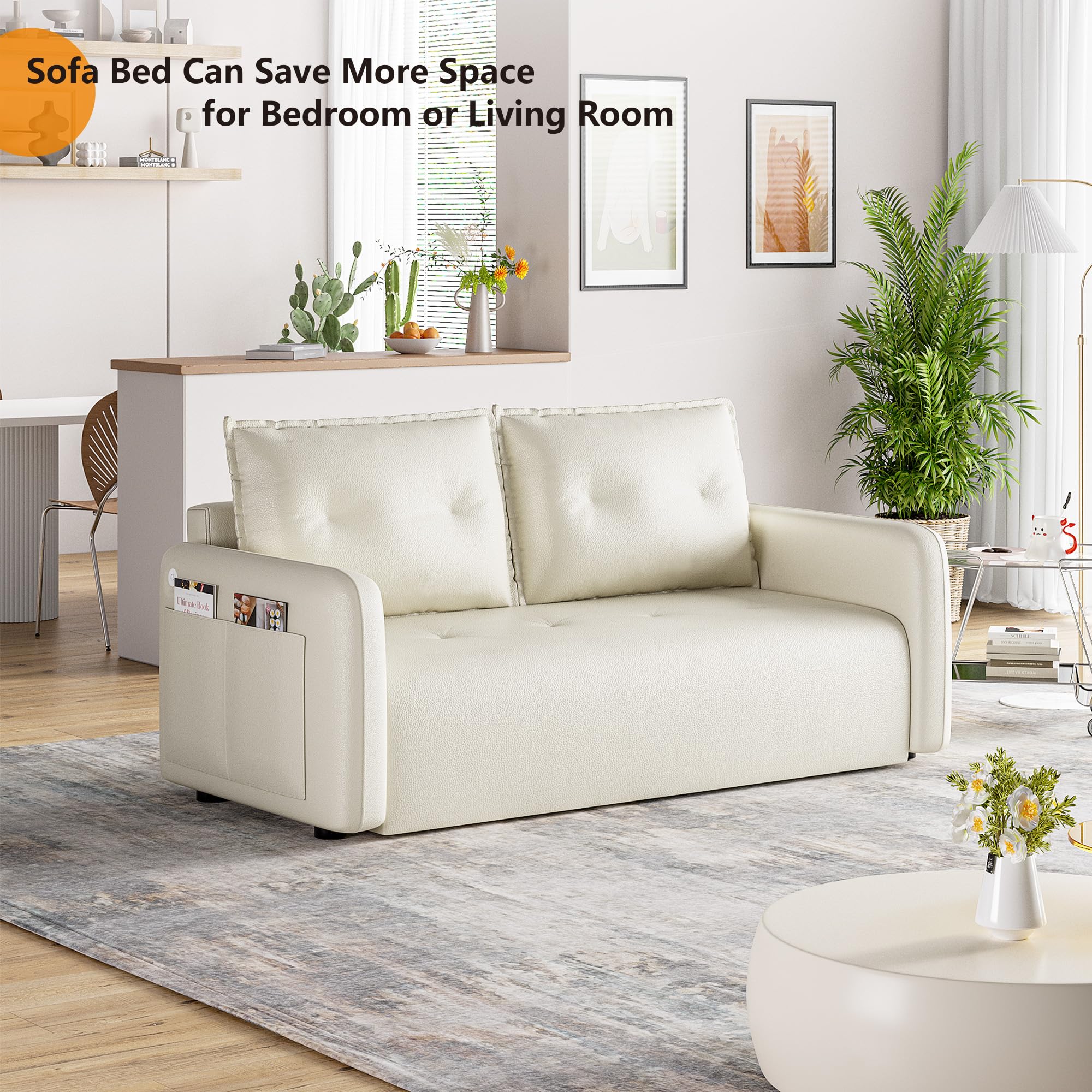 Sofa Bed Couch,3 in 1 sleeper sofa couch with pullout bed,Convertible sofa bed with 2 USB and 1 Type-C Charging Port,4 storage Pockets and 2 soft Pillows,Adjsutable Loveseat for Living Room,White