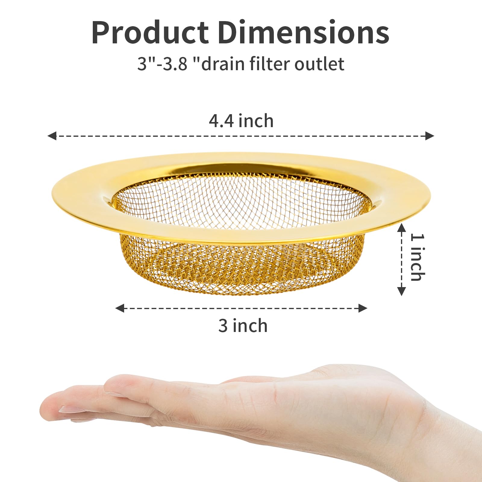 Raings 2 PCS Kitchen Sink Strainers Stainless Steel, Upgrade Anti-Clogging Mesh Sink Drain Basket, Strainers for Sink Drain Food Catcher with Large Wide Rim 4.5" Diameter (Gold)