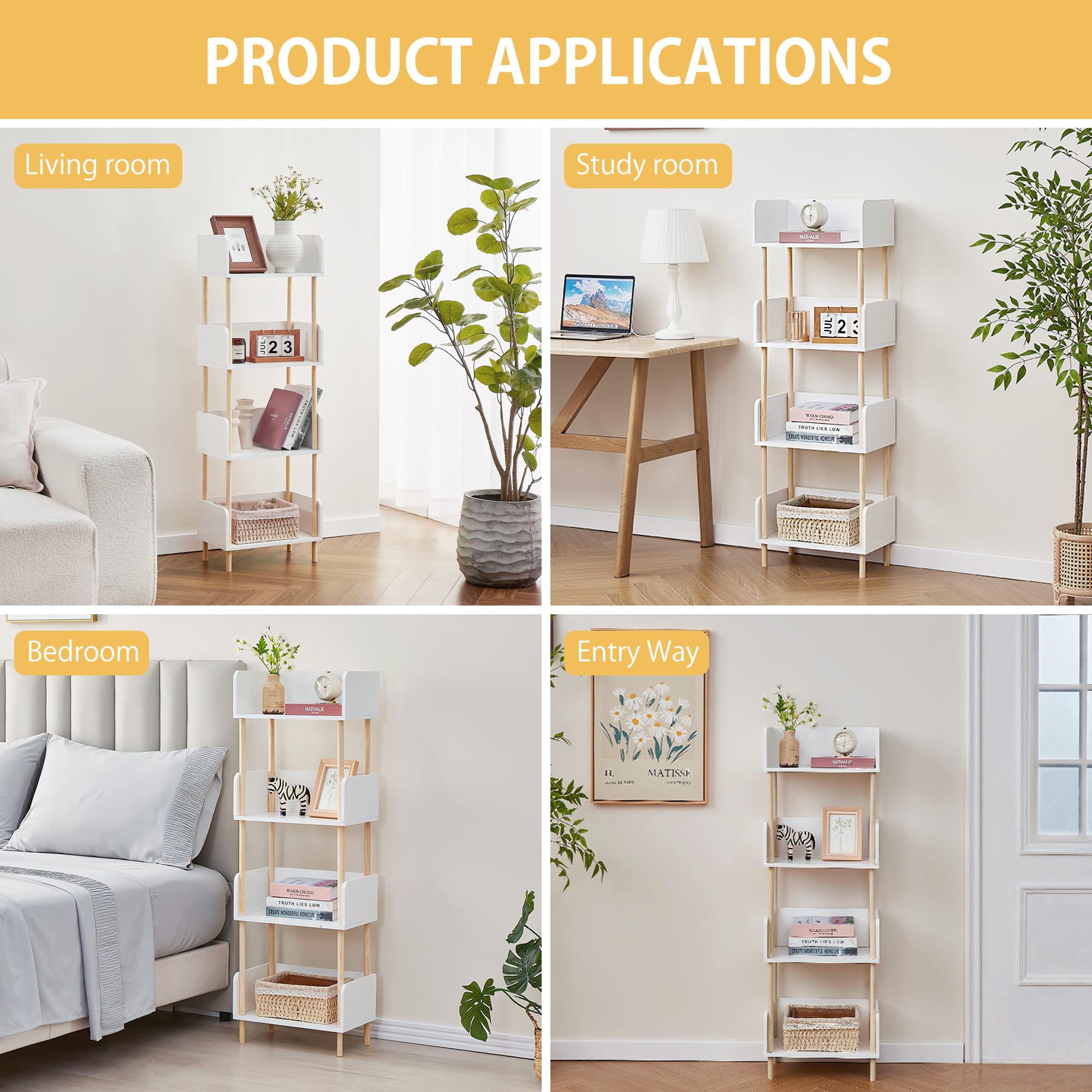 SUNTAGE White Wooden Open Bookcase, Modern Freestanding Bookshelf w/Side Panels, Edge Protection & Solid Wood Frame, Wood Storage Shelves Display Stand for Bedroom, Living Room & Home Office (3 Tier)