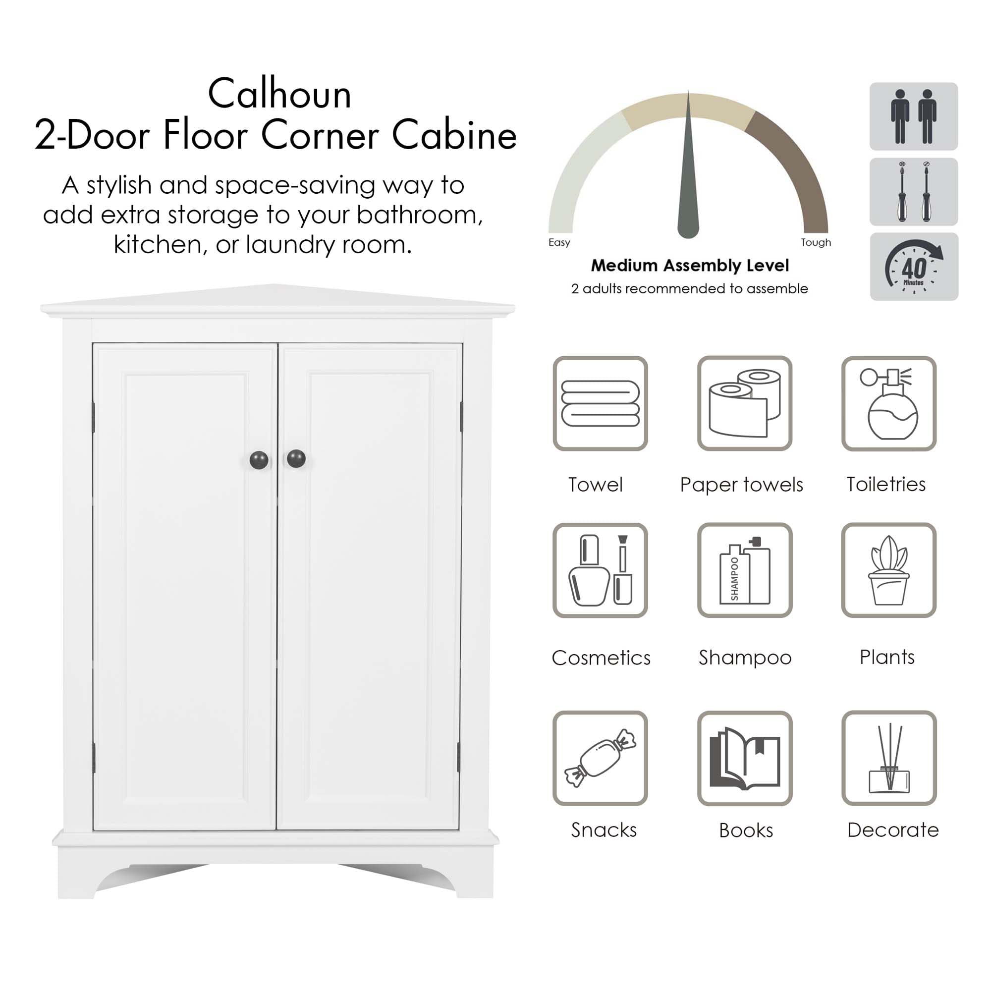 Spirich Floor Corner Cabinet with Doors and Shelves, Freestanding Bathroom Corner Storage Cabinet for Bathroom, Living Room, White