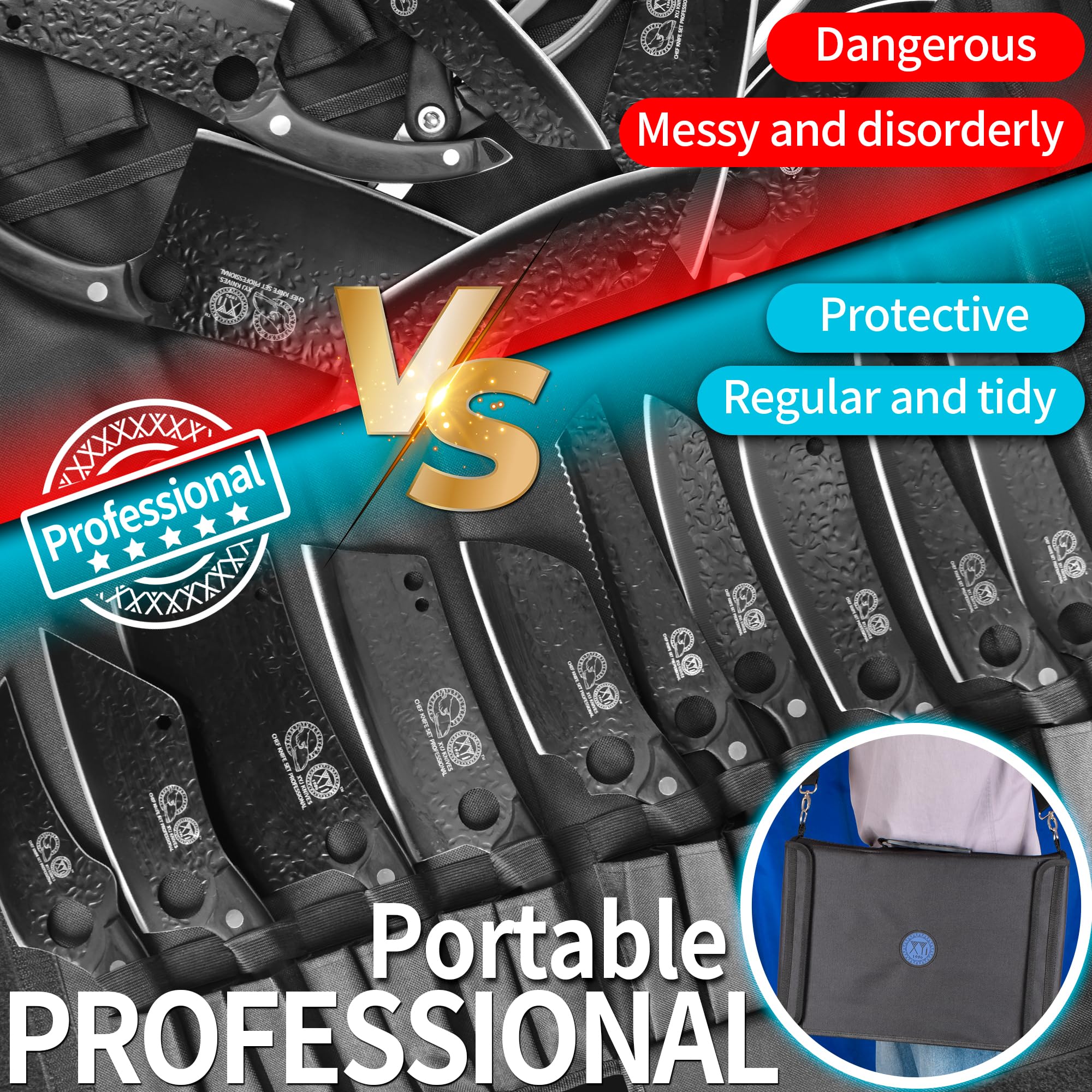 XYJ Professional Kitchen Knife Set with High-Carbon Steel Forged Blades, Chef's Knife, Cleaver, Carving Knife, Nakiri, Full Tang Design, Includes Carrying Bag & Poultry Scissors