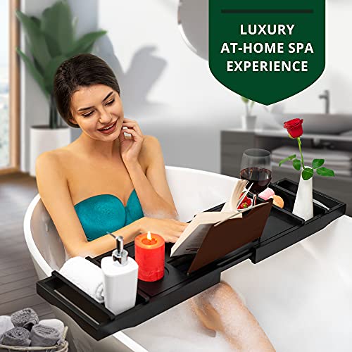 ROYAL CRAFT WOOD Luxury Bathtub Caddy Tray, 1 or 2 Person Bath and Bed Tub Table with Extending Sides, Adjustable Organizer Tray for Bathroom - Free Soap Dish (Black)