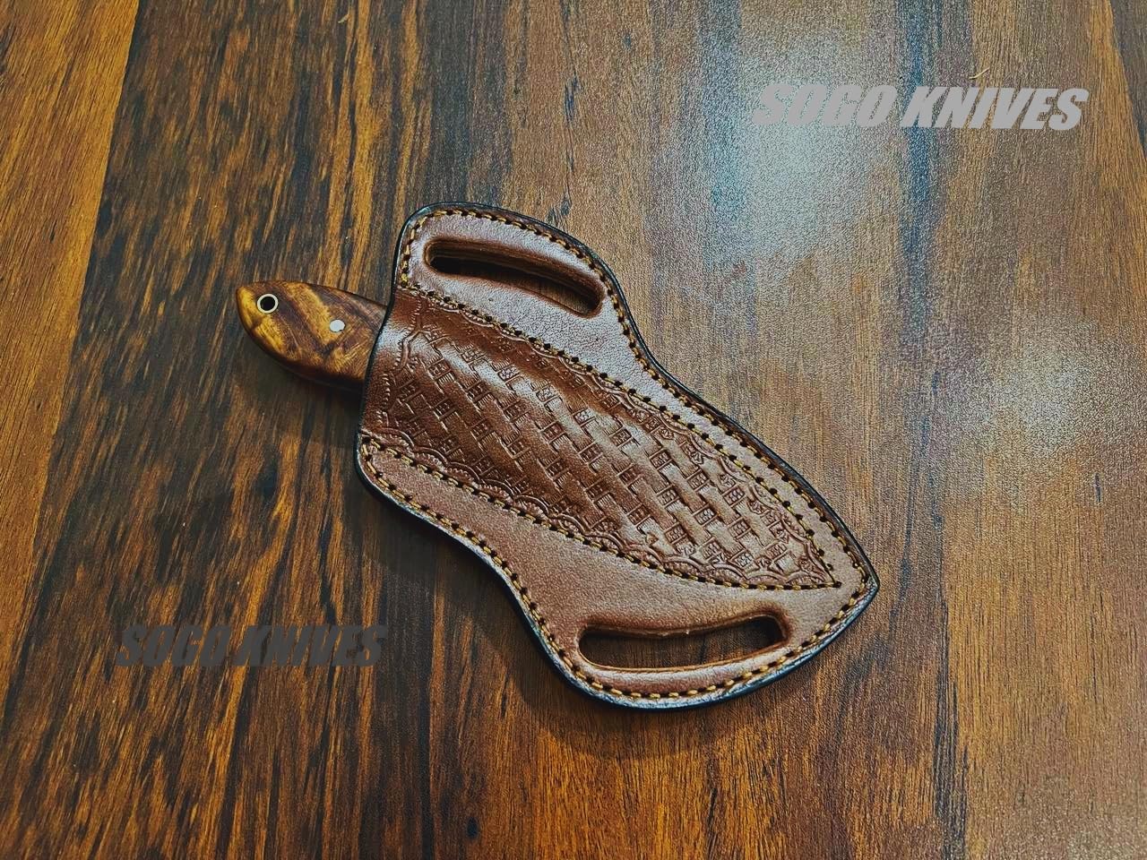 SOGO KNIVES Leather Knife Sheath for Belt, Slanted Pancake Sheath, Tooled Leather Sheath, Beautiful Cow Boy 3 to 5 inches Skinner Knife Leather Cover 100% Real Leather (Brown)