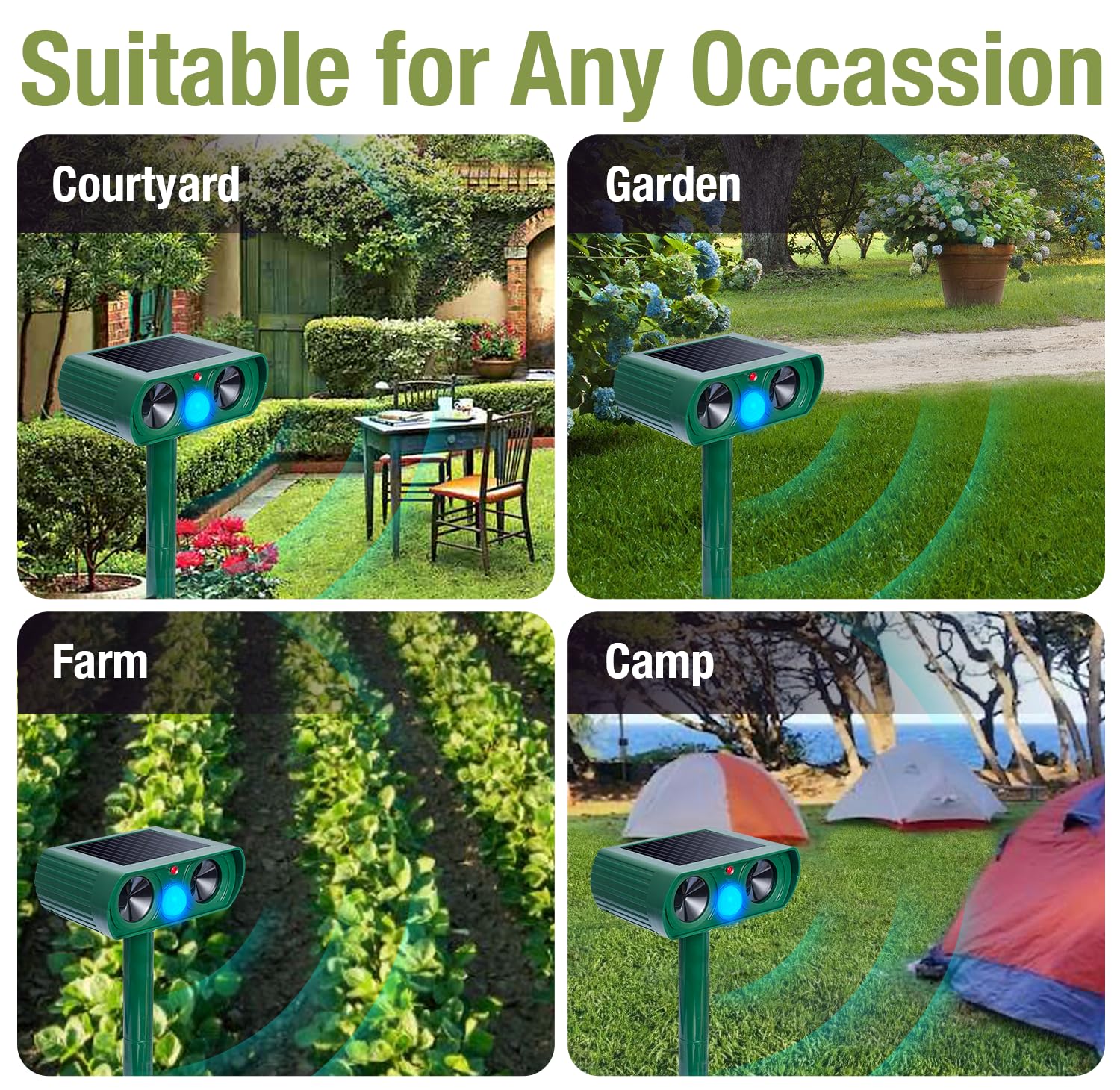 Solar Animal Repeller, 2 Pack Ultrasonic Animal Repeller Outdoor, Animal Deterrent Devices Repel Squirrel, Raccoon, Skunk, Fox, Deer, Waterproof with Motion Detector (Green)