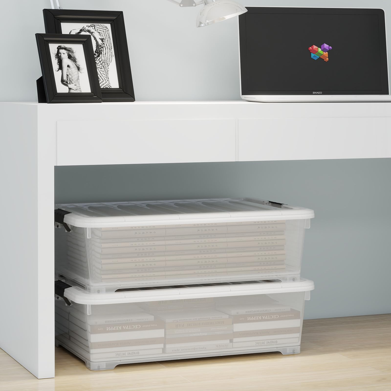 Ponpong 52 Quart Large Plastic Underbed Latching Storage Box, Clear Wheeled Under Bed Storage Bins, 3 Packs