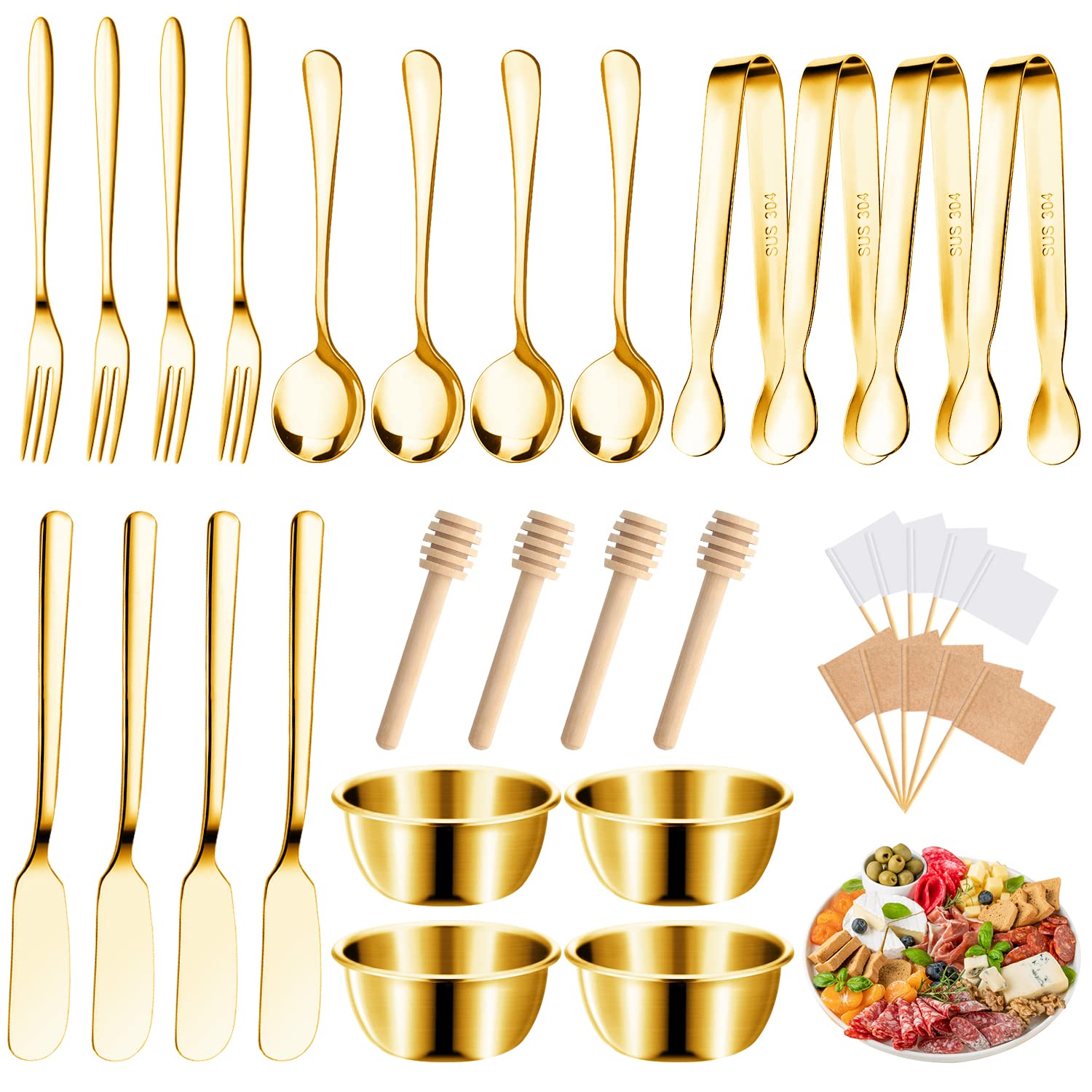Mlurcu Cheese Butter Spreader Knives Set Charcuterie Board Accessories Stainless Steel Spreader Knives Forks Spoons Mini Serving Tongs Small Dipping Bowls Toothpick Flags Utensils for Pastry Making