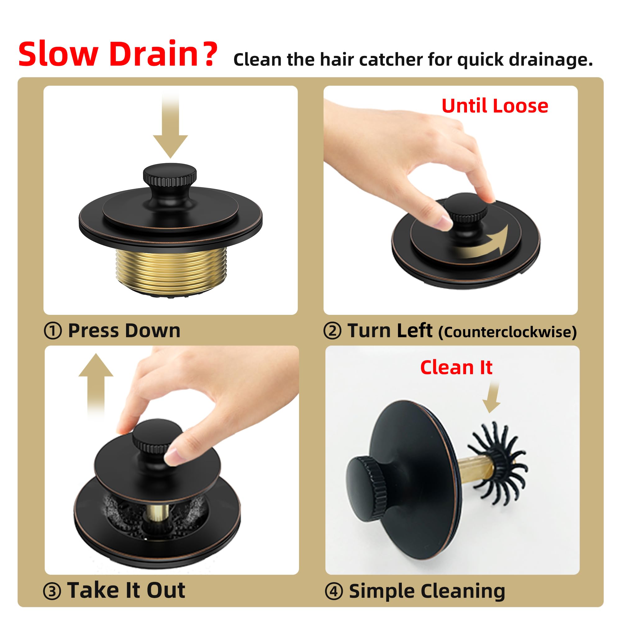 Sogmeter Matte Black Bathtub Drain, Hair Catcher and 2-Hole Overflow Faceplate, 11.5/16 UNC, Lift and Turn Bathtub Drain Replacement, Tub Drain Stopper